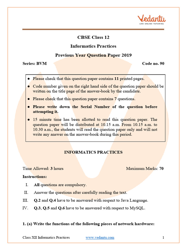 CBSE Class 12 Informatics Practices Question Paper 2019 With Solutions | PDF | Internet ...