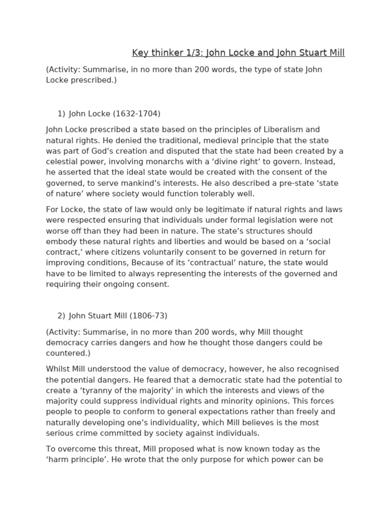 Key Thinker 1-John Locke and J.S.M | PDF | Liberalism | John Rawls