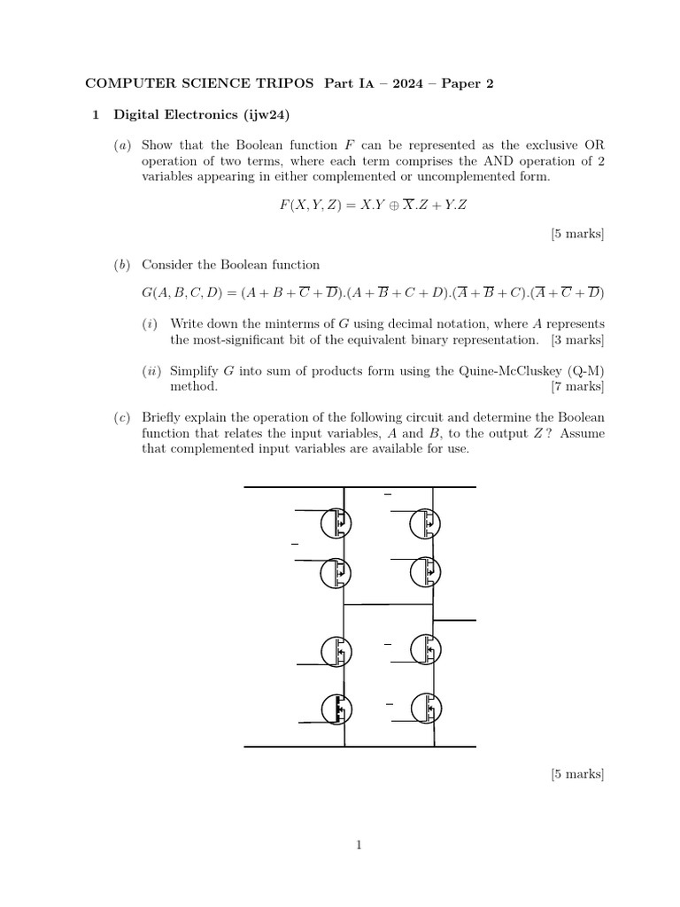 Computer Science Tripos Part I - 2024 - Paper 2 Digital Electronics (Ijw24) | PDF