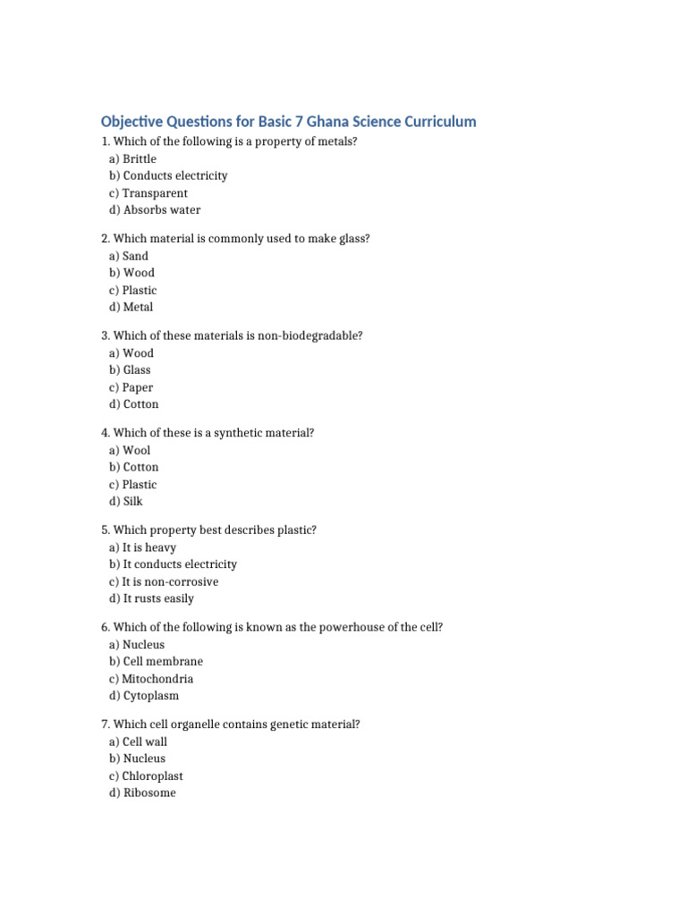 Basic 7 Science Objective Questions | PDF | Cell (Biology) | Water