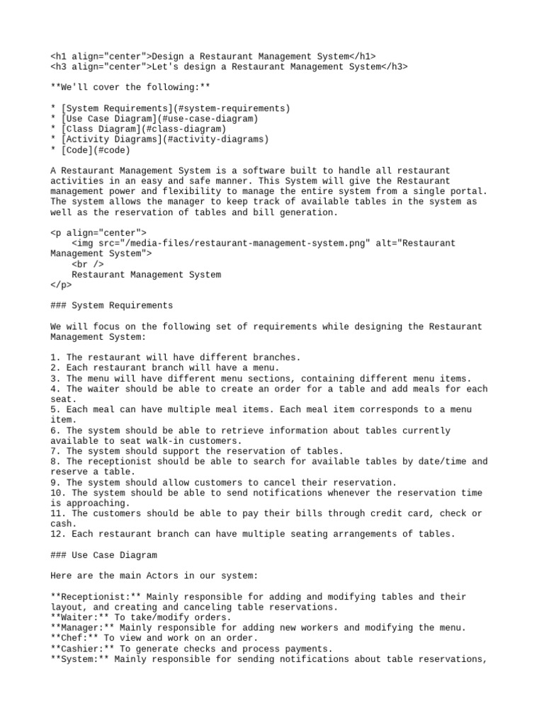 Design A Restaurant Management System | PDF | Menu | Restaurants