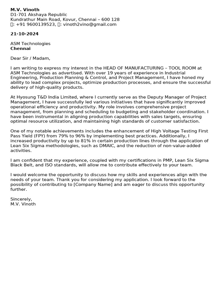 ASM Technologies - Tool Room Head - Covering Letter | PDF