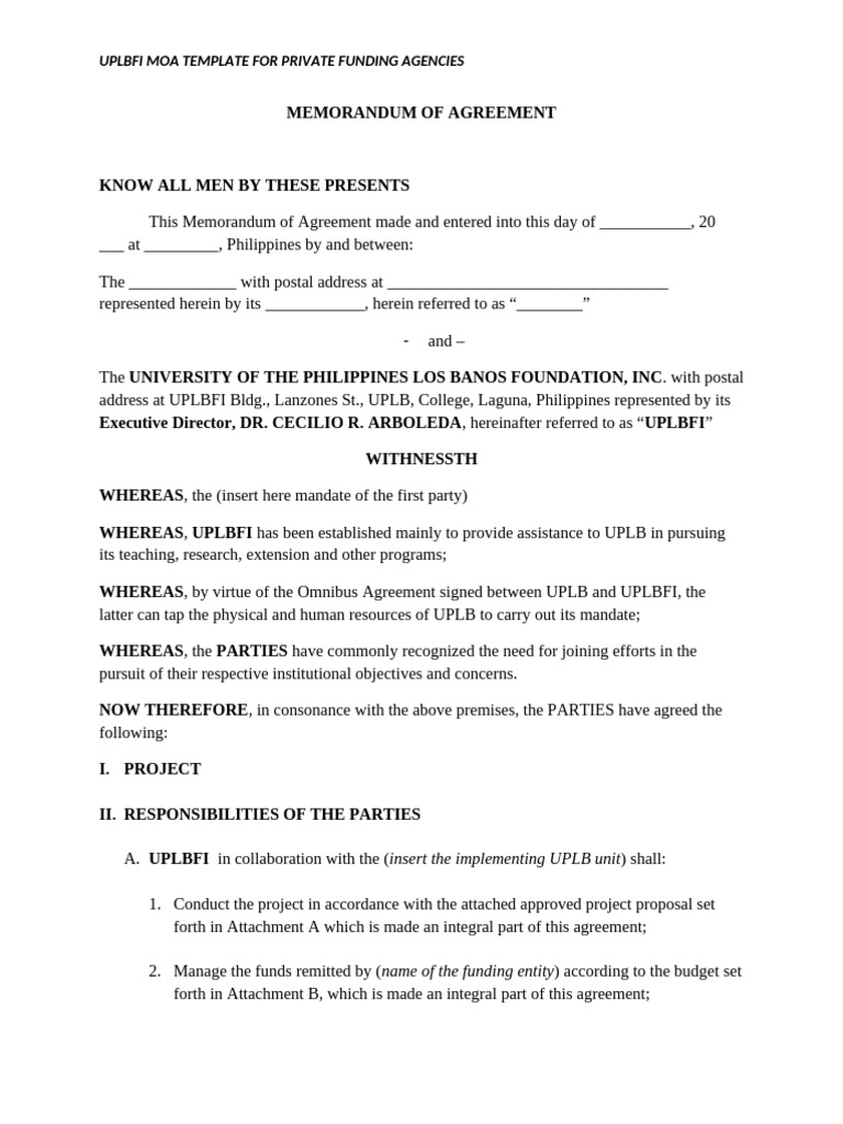 UPLBFI Proforma MOA For Private Funding Agencies | PDF | Justice ...