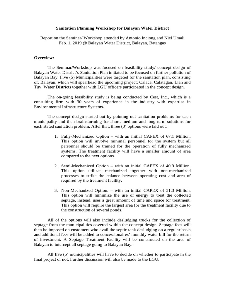 Sanitation Workshop Report | PDF | Sanitation | Water And Politics