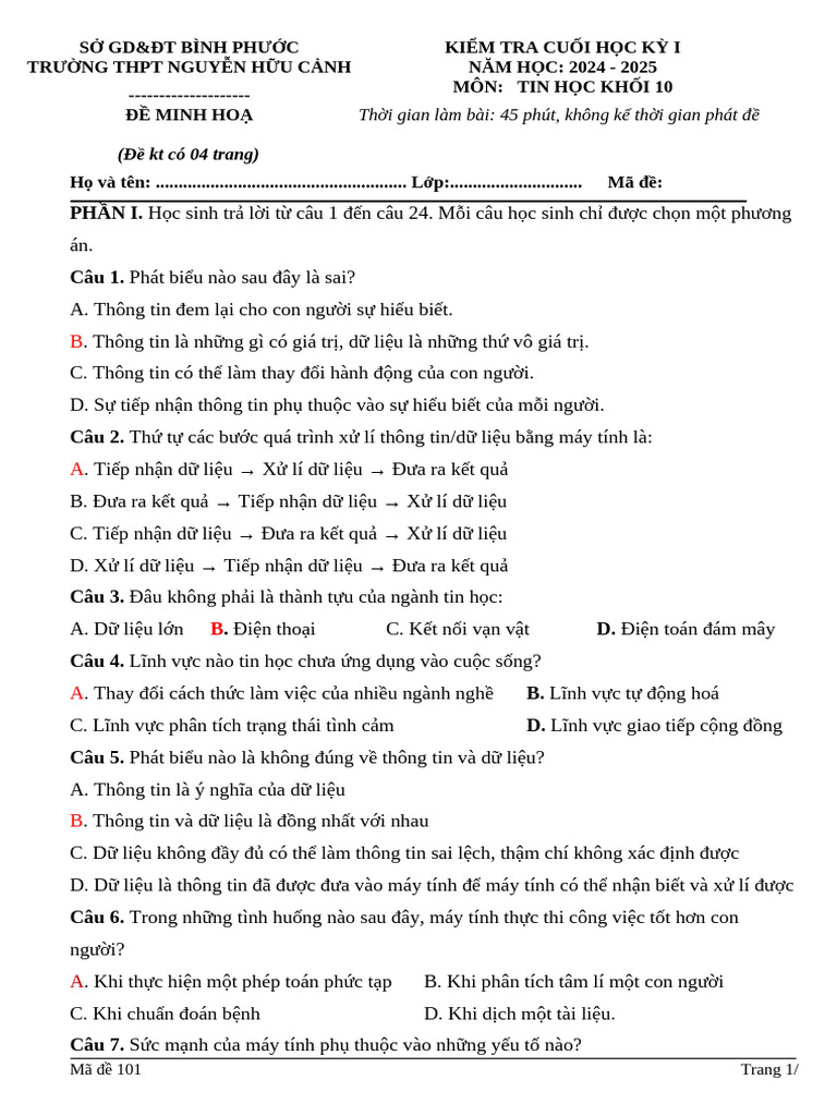 đề minh học Tin 10 - GKI | PDF