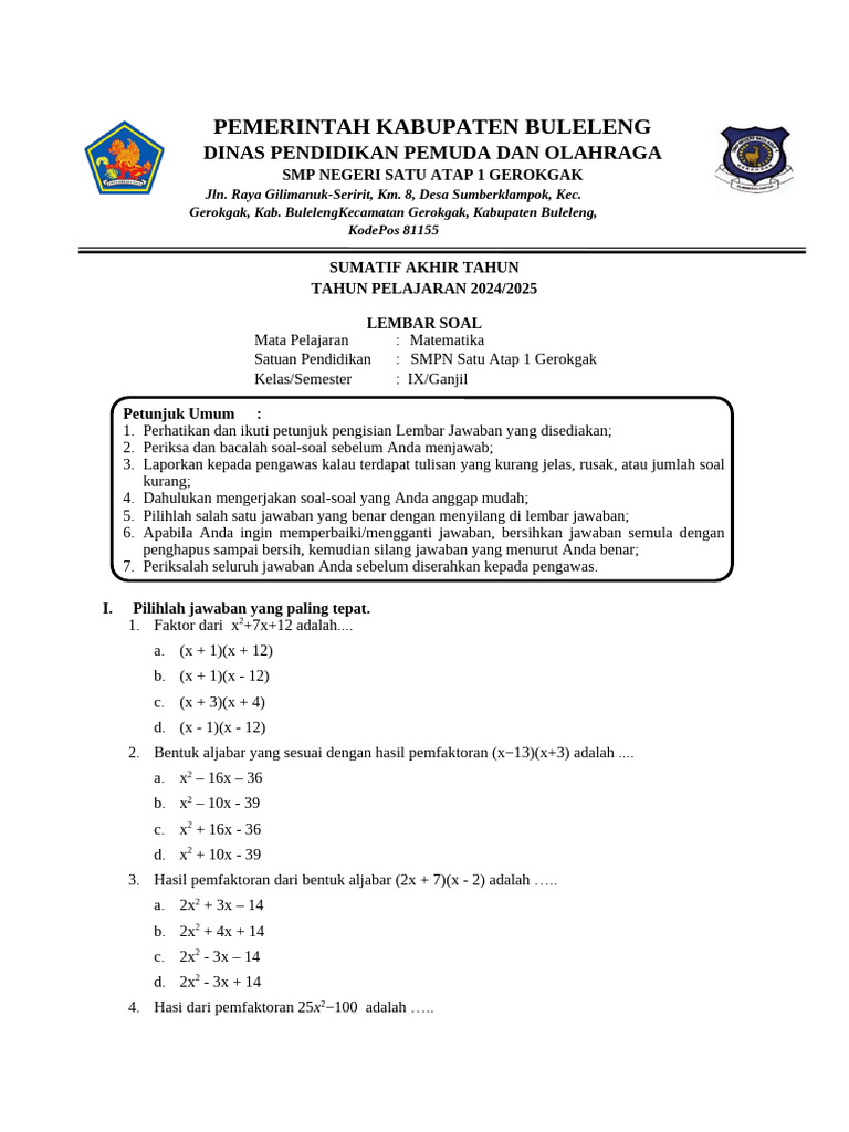 Soal Pas Ix Semester Ganjil 2024-2025 MTK | PDF
