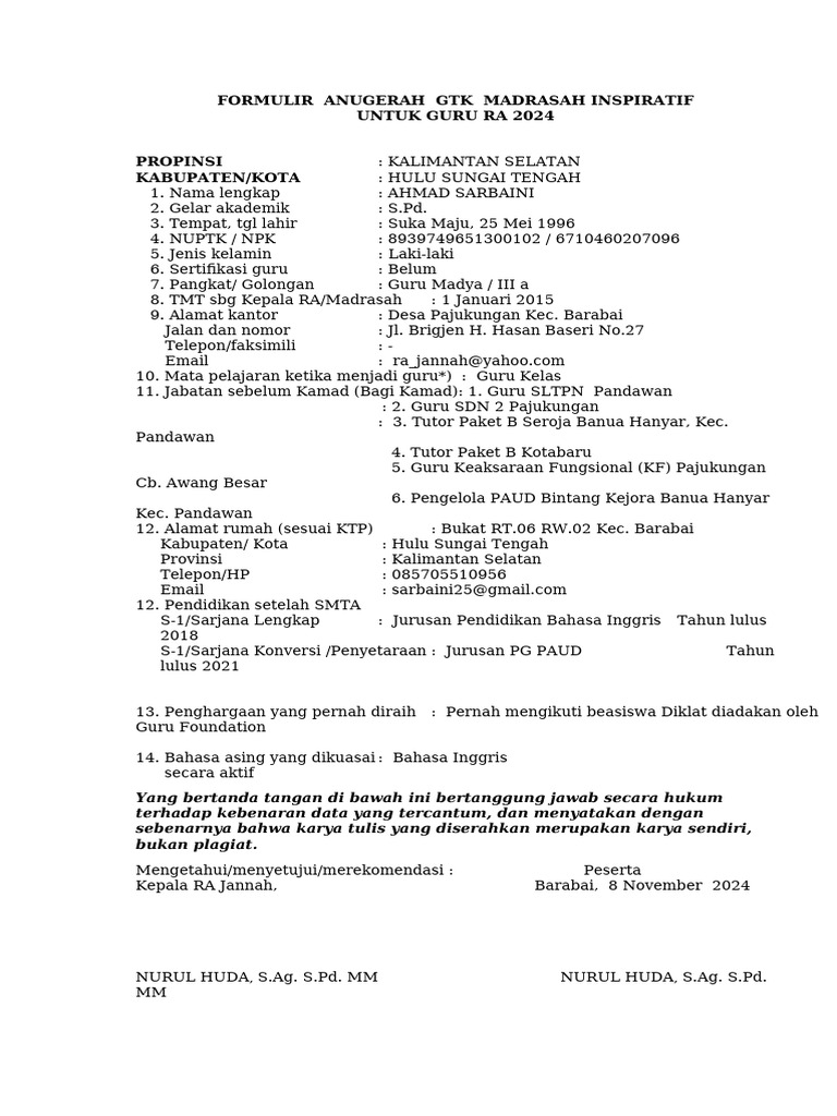 Formulir Anugerah GTK 2024 SARBAINI | PDF | Kesehatan Holistik