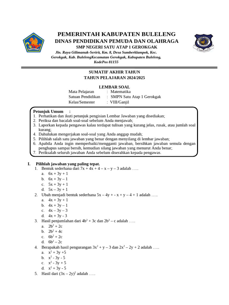 Soal Pas Viii Semester Ganjil 2024-2025 MTK | PDF | Griya & Taman | Sains & Matematika