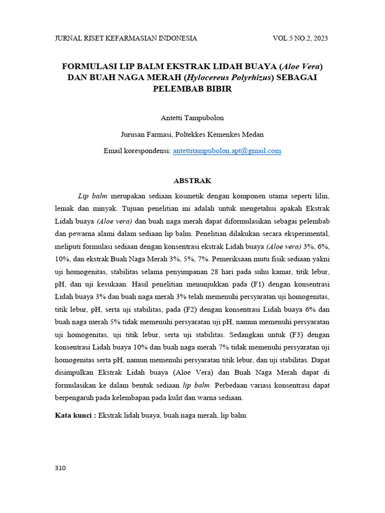 FORMULASI LIP BALM EKSTRAK LIDAH BUAYA (Aloe Vera) DAN BUAH NAGA MERAH (Hylocereus Polyrhizus ...