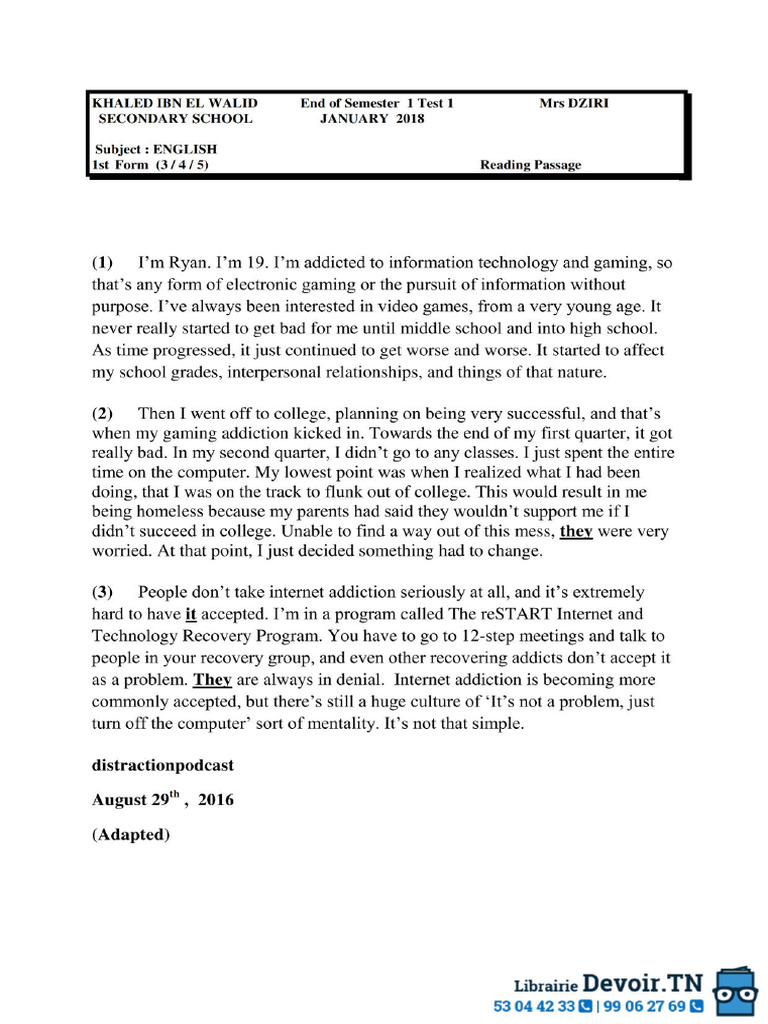 Devoir de Synthèse N°1 2017 2018 (Mme Besma Riabi Dziri) | PDF | Language Arts & Discipline