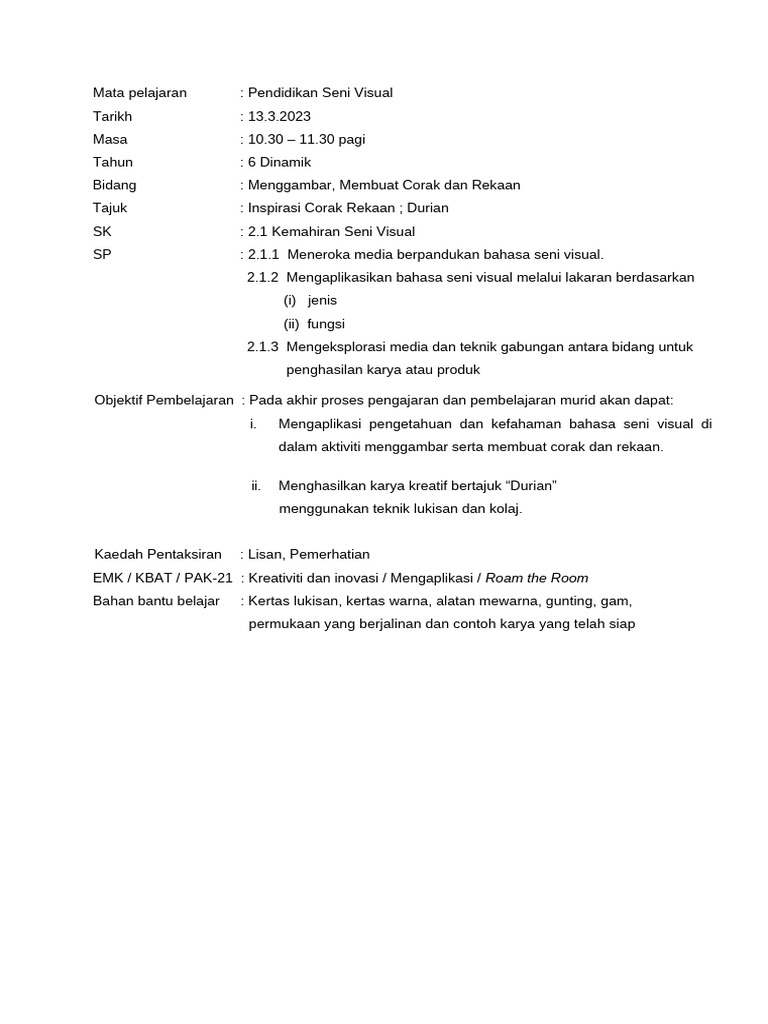 RPH Tahun 6 - Inspirasi Corak Rekaan II | PDF | Karier & Perkembangan ...