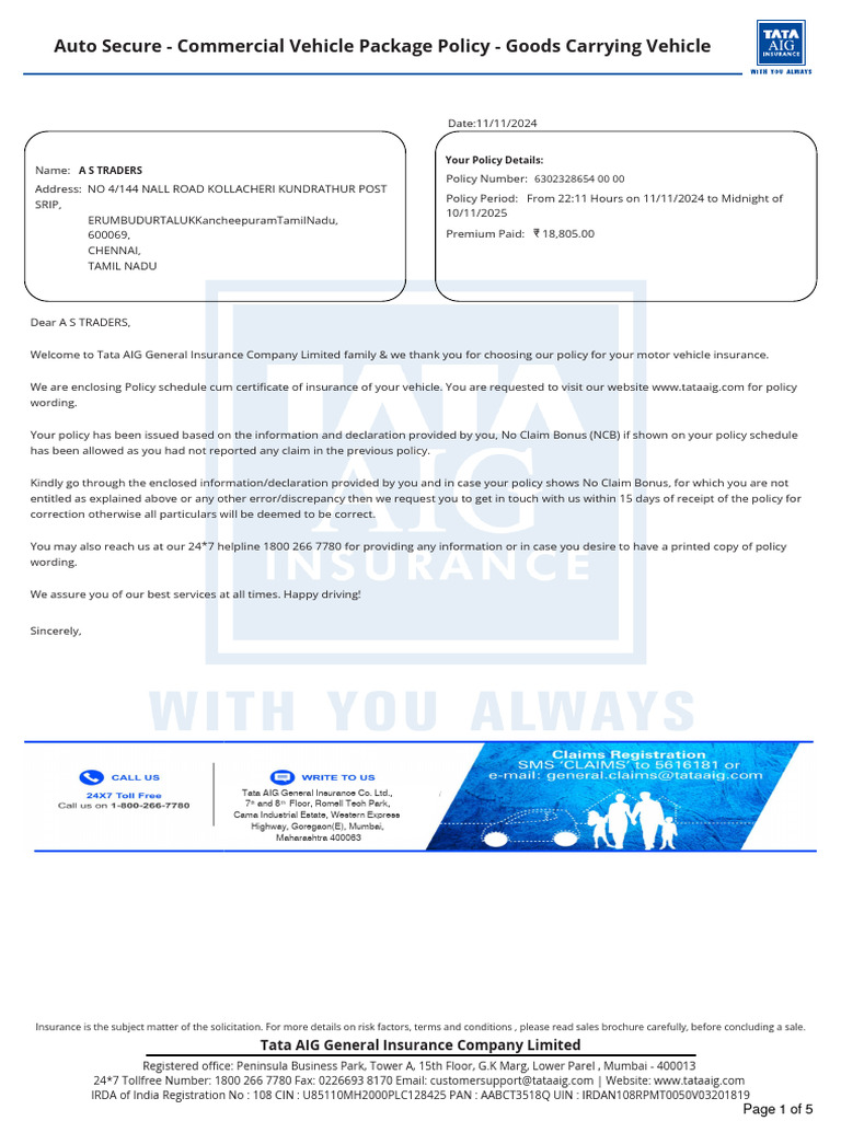 Tata AIG Motor Policy Schedule 3189 6302328654-00 | PDF | Insurance | Civil Law (Legal System)