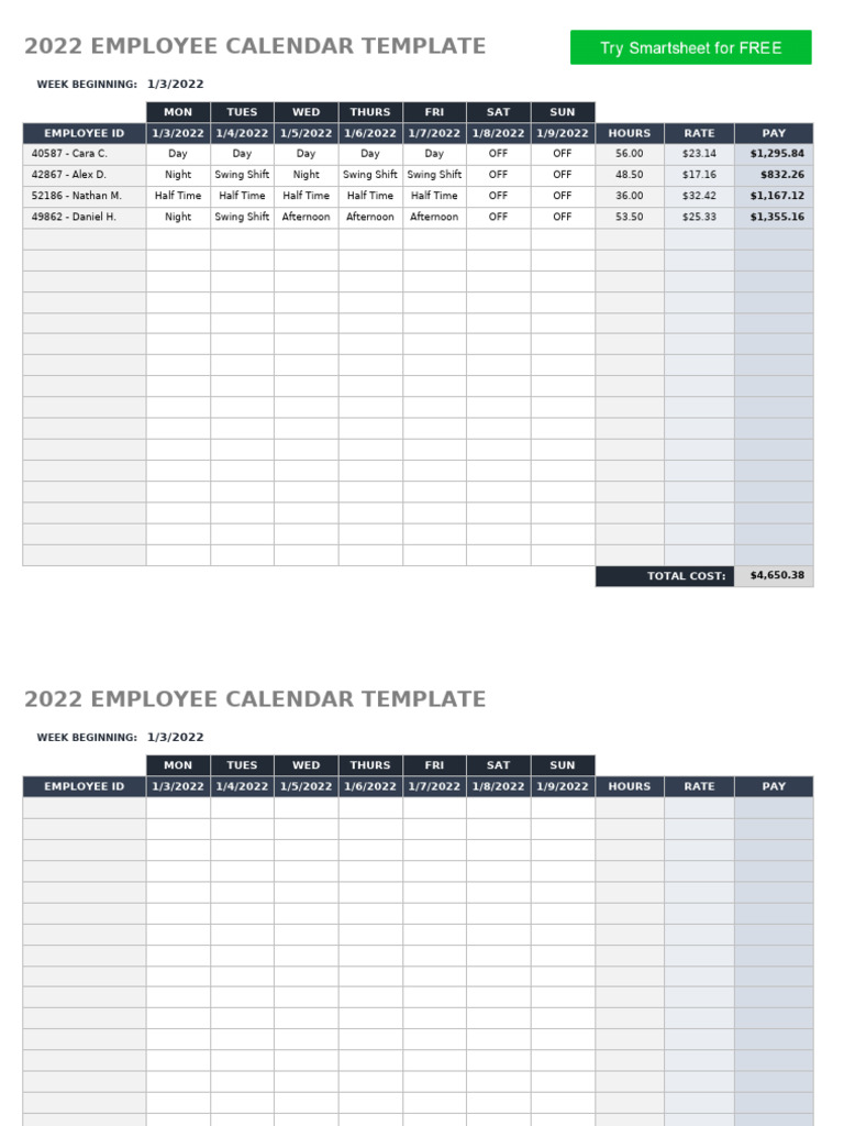IC 2022 Employee Calendar Template 8583 | PDF
