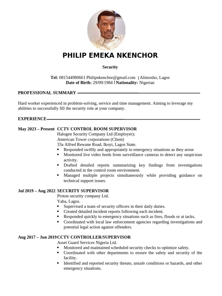 Philip Emeka Nkenchor CV Hnd-1 | PDF | Closed Circuit Television | Safety