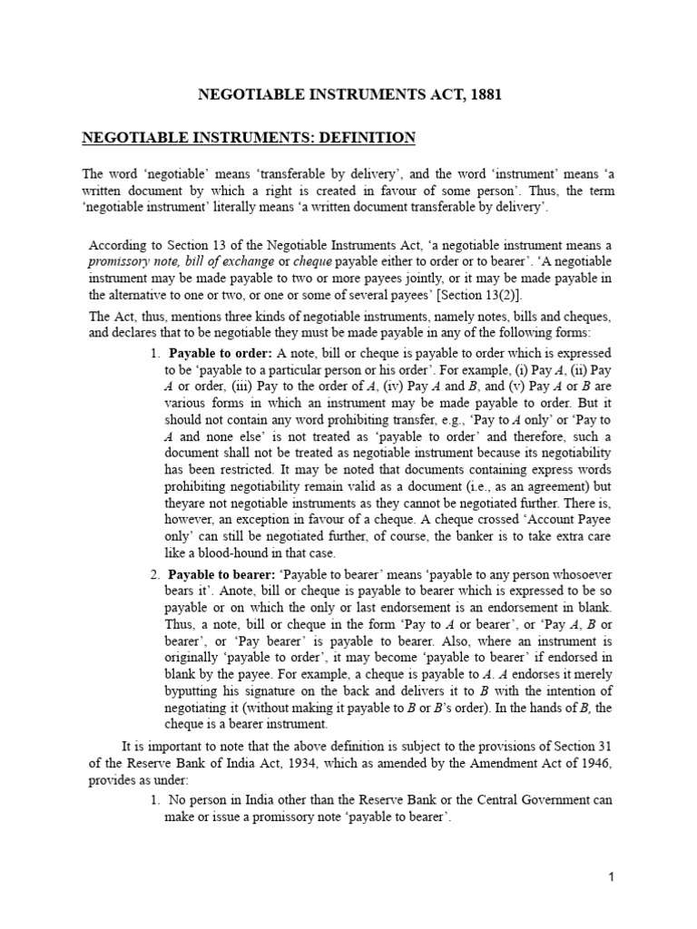 Negotiable Instruments Act, 1881 | PDF | Negotiable Instrument | Cheque