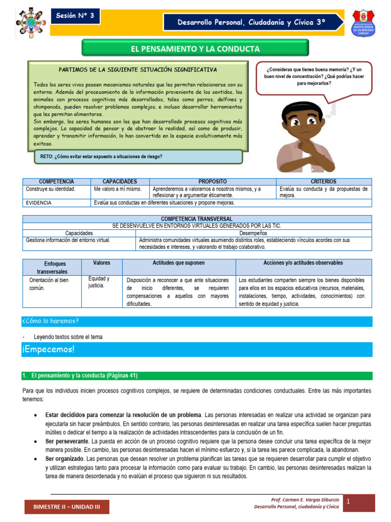 Sesion 3-S2-Experiencia 3-DPCC 3° | PDF | Pensamiento | Aprendizaje