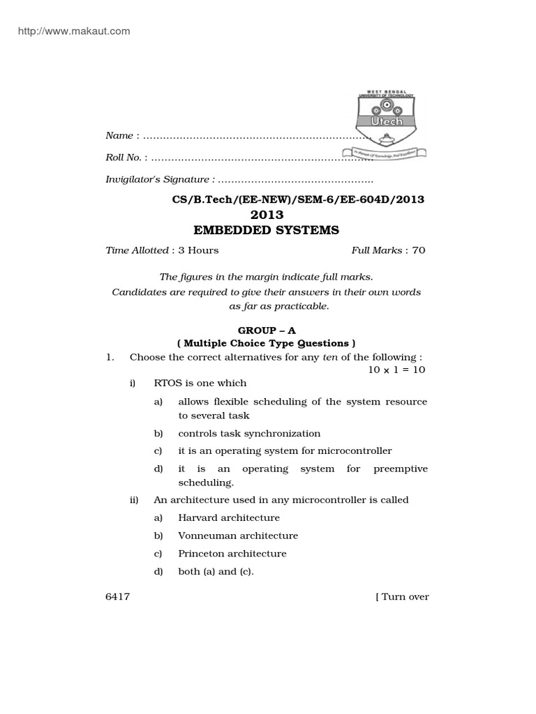 Btech Ee 6 Sem Embedded Systems 2013 | PDF | Embedded System | Scheduling (Computing)