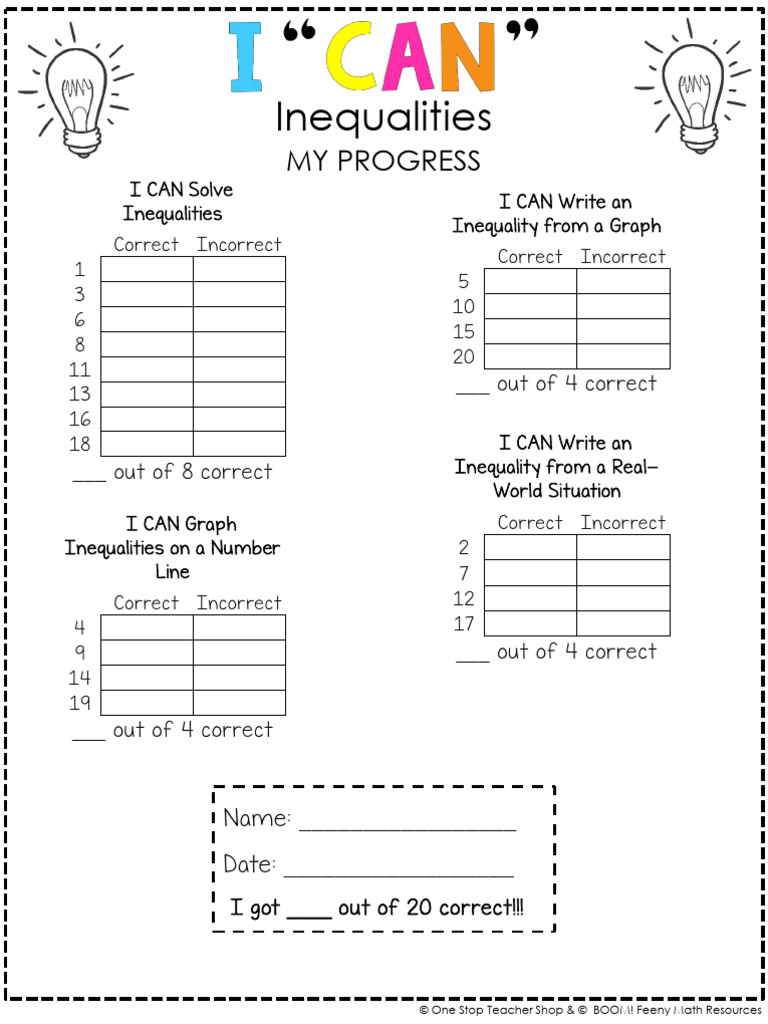 Inequalities Progress Tracker Worksheet | PDF