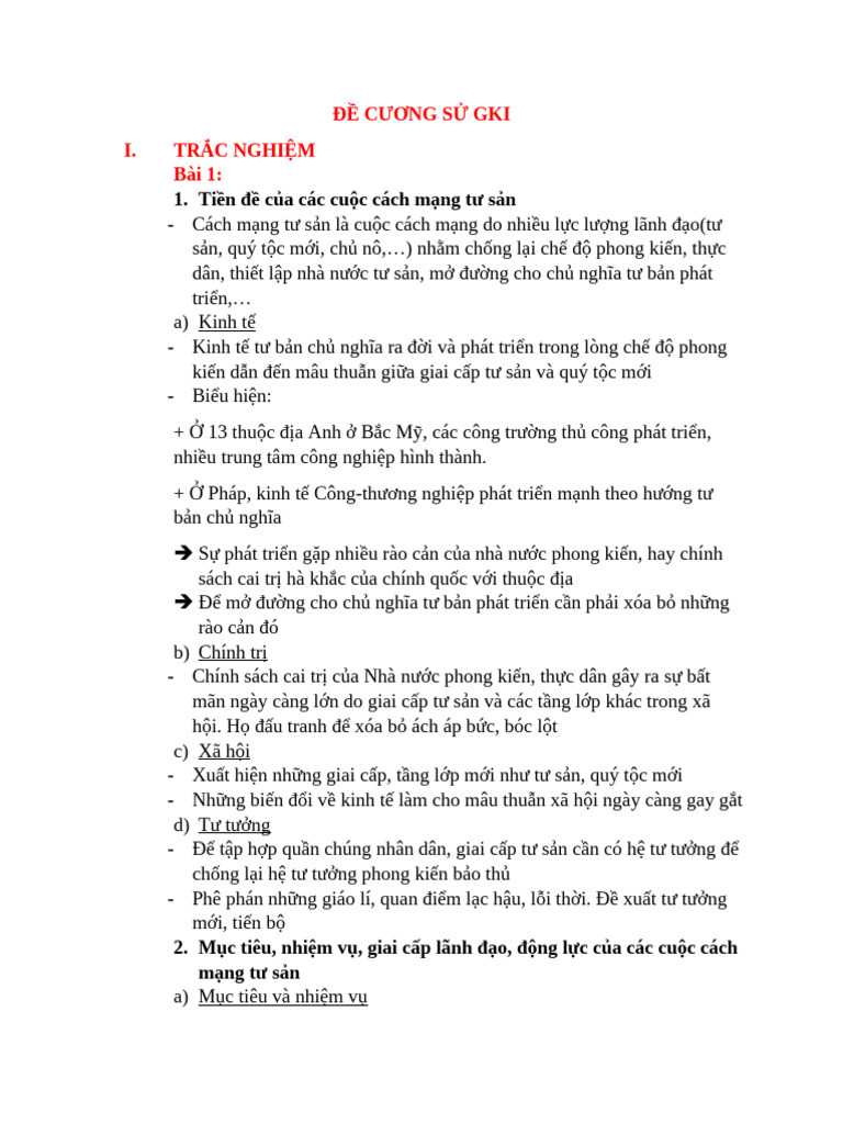 ĐỀ CƯƠNG SỬ GKI | PDF