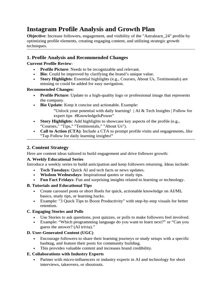 Instagram Profile Analysis and Growth Plan | PDF | Artificial ...