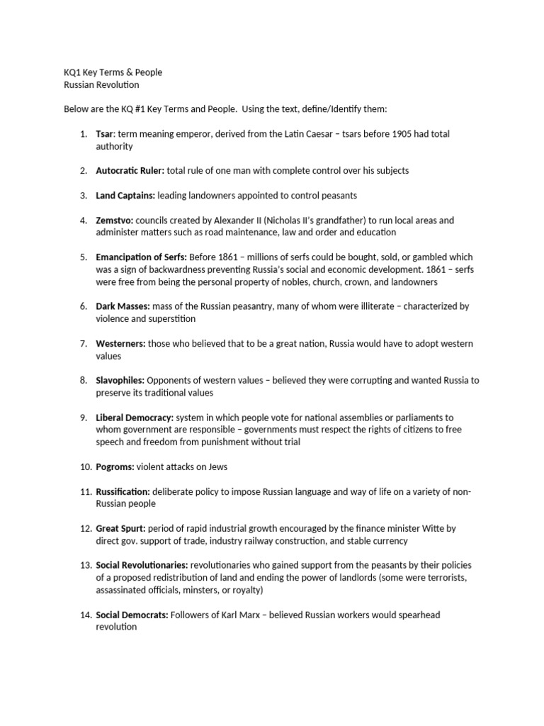 Russian Rev. KQ1 Key Terms and People | PDF | Russian Empire | Nicholas ...