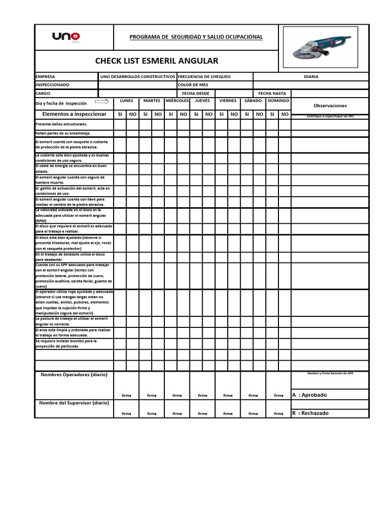Checklist de Inspección de Esmeril Angular | PDF