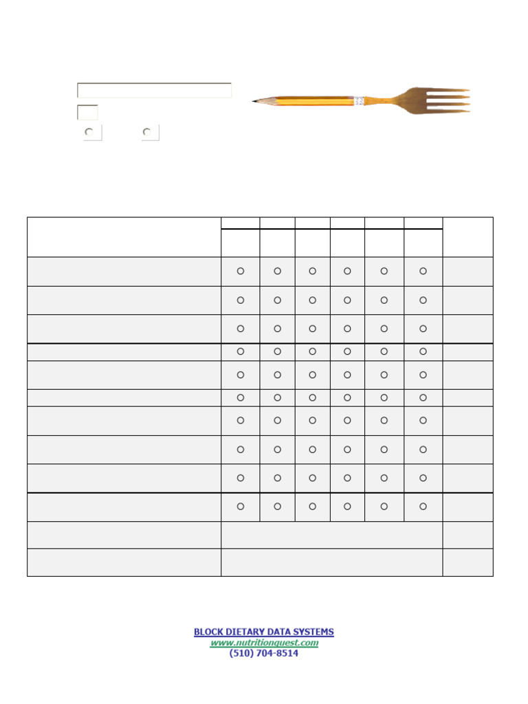 Block Dietary Fruit-Veg-Fiber Screener | PDF | Vegetables | Bean