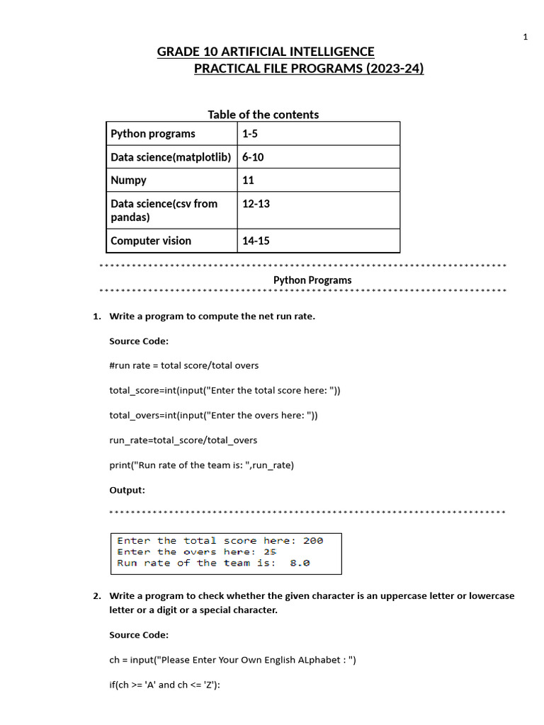 GR 10 Artificial Intelligence Practical File Programs 2023-24 | PDF | Computer Programming ...