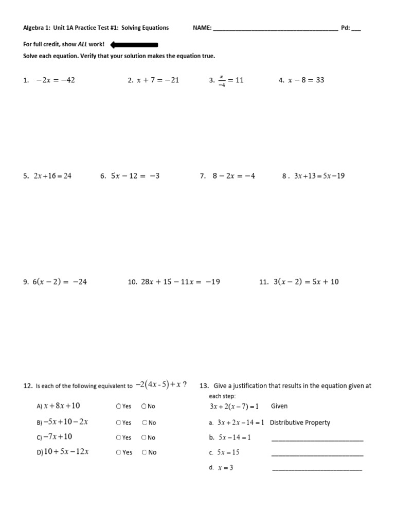 Unit 1a Practice Test 1 2 Pgs | PDF | Equations | Abstract Algebra
