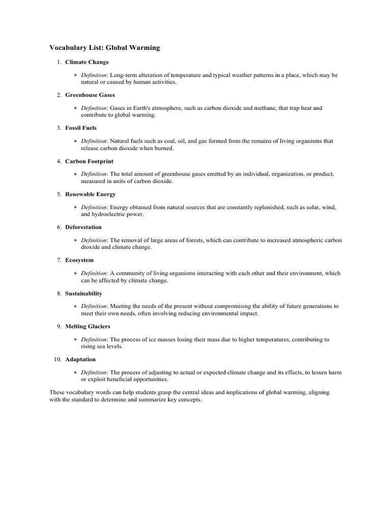 Vocabulary List - Global Warming | PDF