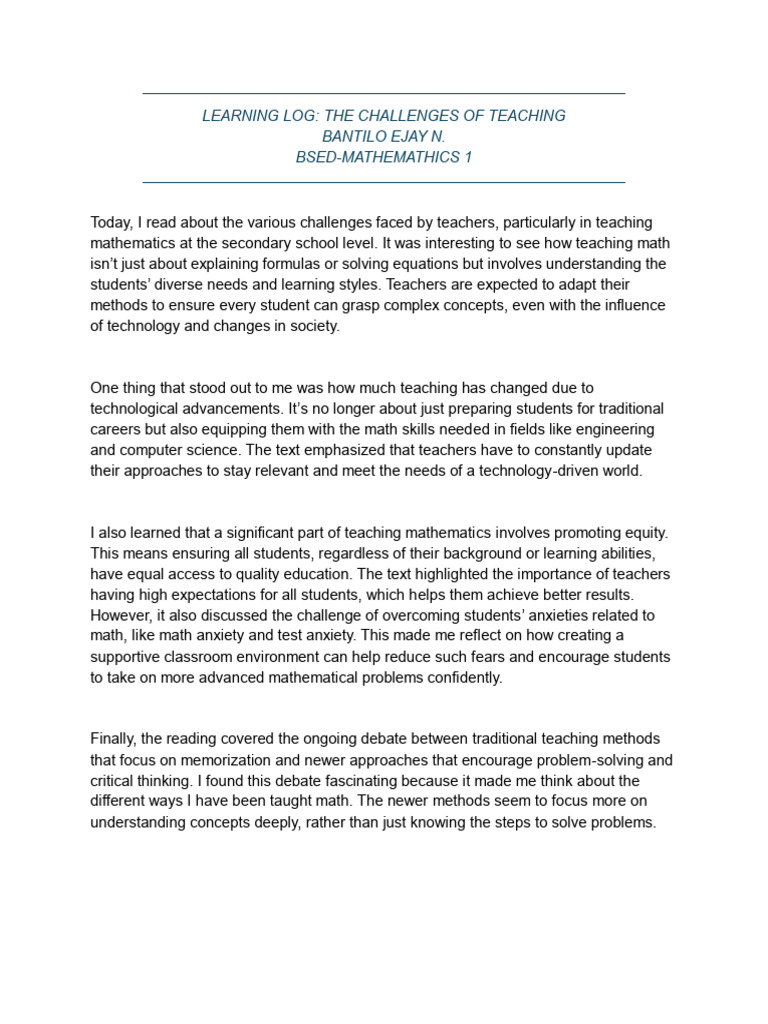 The Challenges of Teaching (Learning Log) | PDF