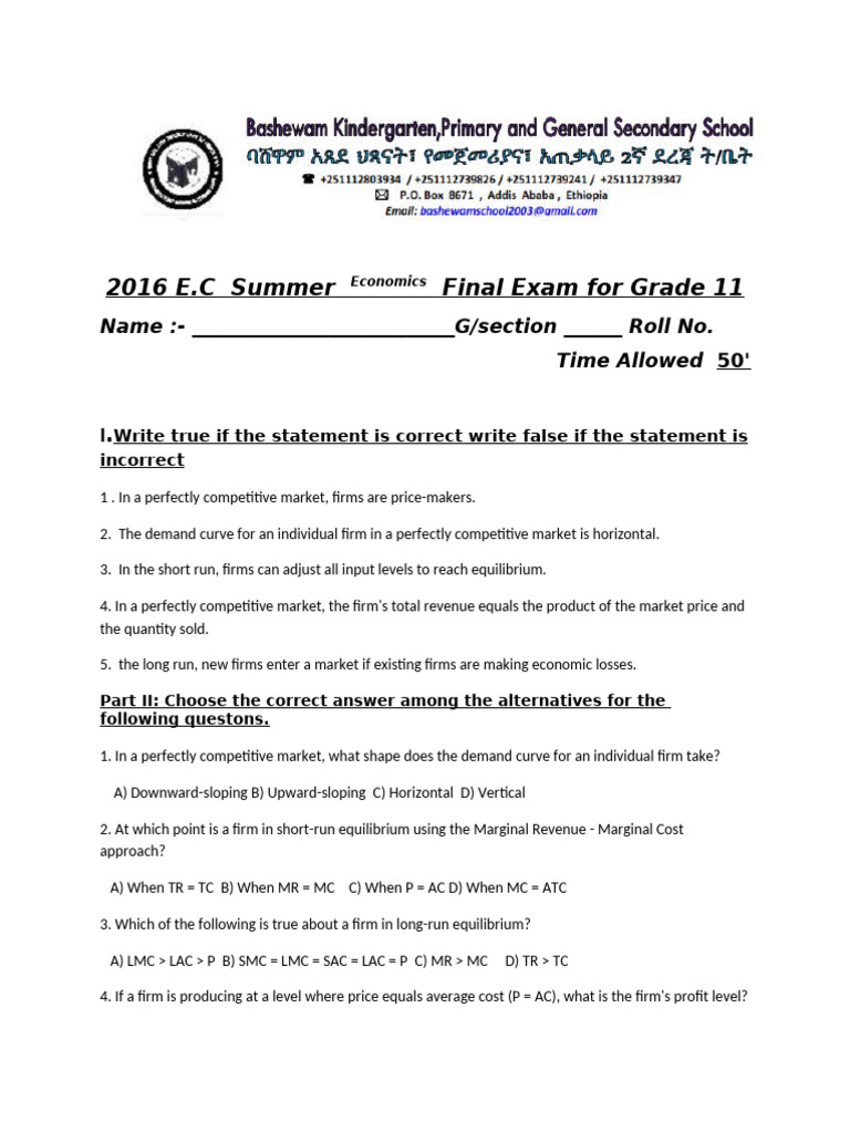Grade 11 Final Pdf Perfect Competition Profit Economics