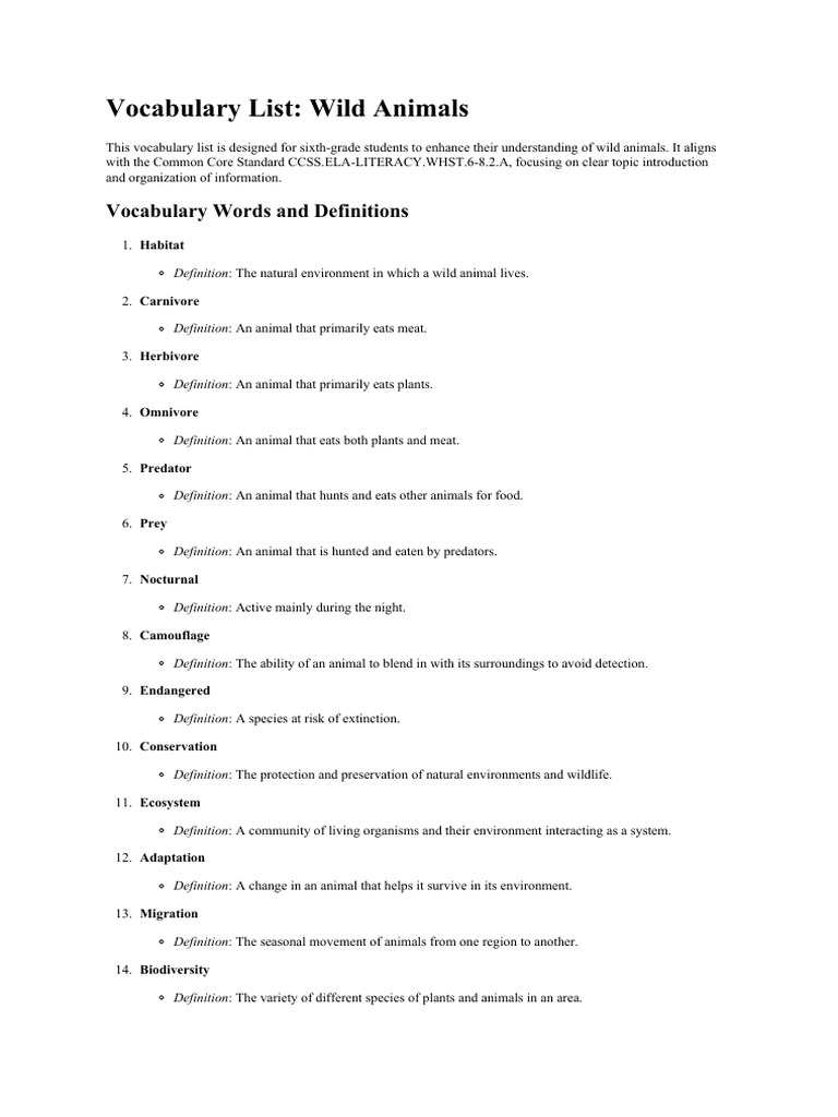 Vocabulary List - Wild Animals | PDF | Language Arts & Discipline