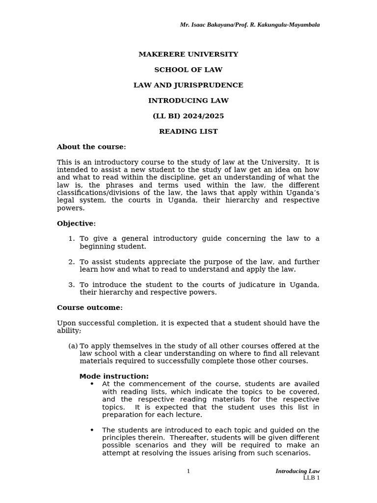 Introducing Law Reading List 2024 Mak | PDF | Precedent | Judiciaries