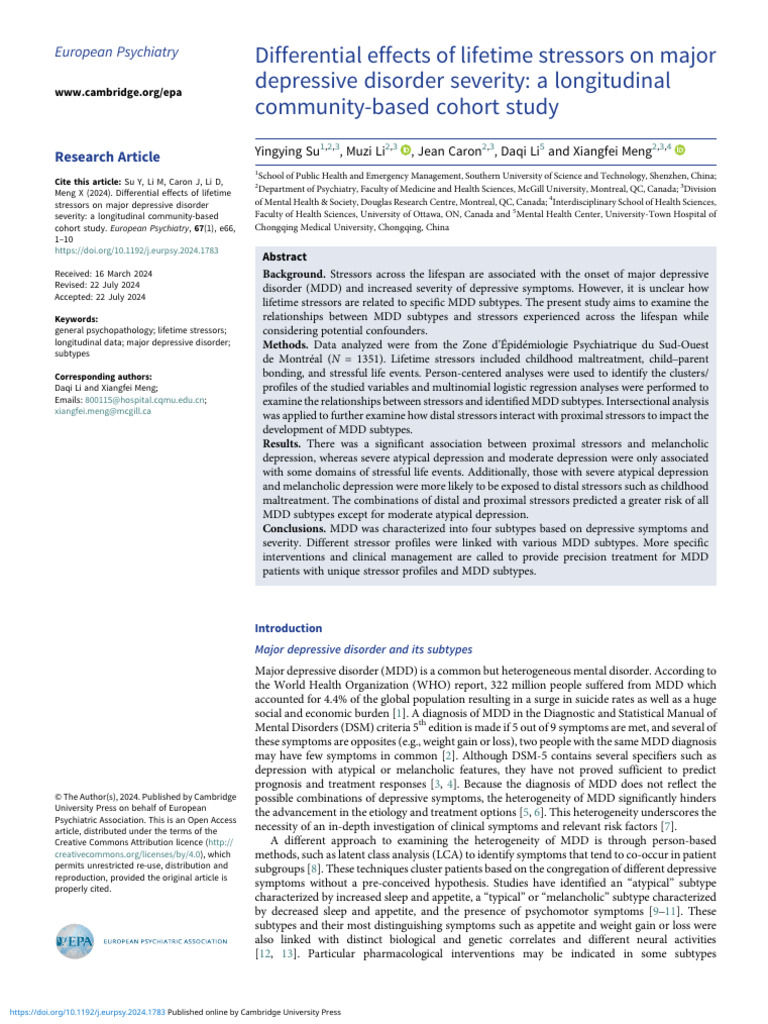 Differential Effects of Lifetime Stressors On Major Depressive Disorder ...