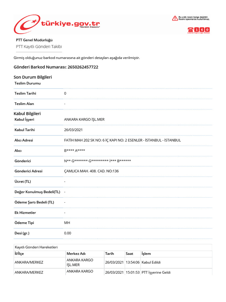 PTT-Genel-Müdürlüğü-PTT-Kayıtlı-Gönderi-Takibi | PDF