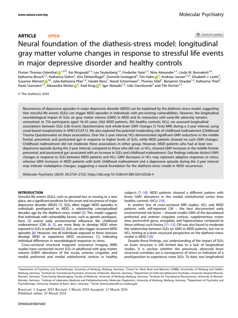Stressful Life Events in Major Depressive Disorder and Healthy Controls ...