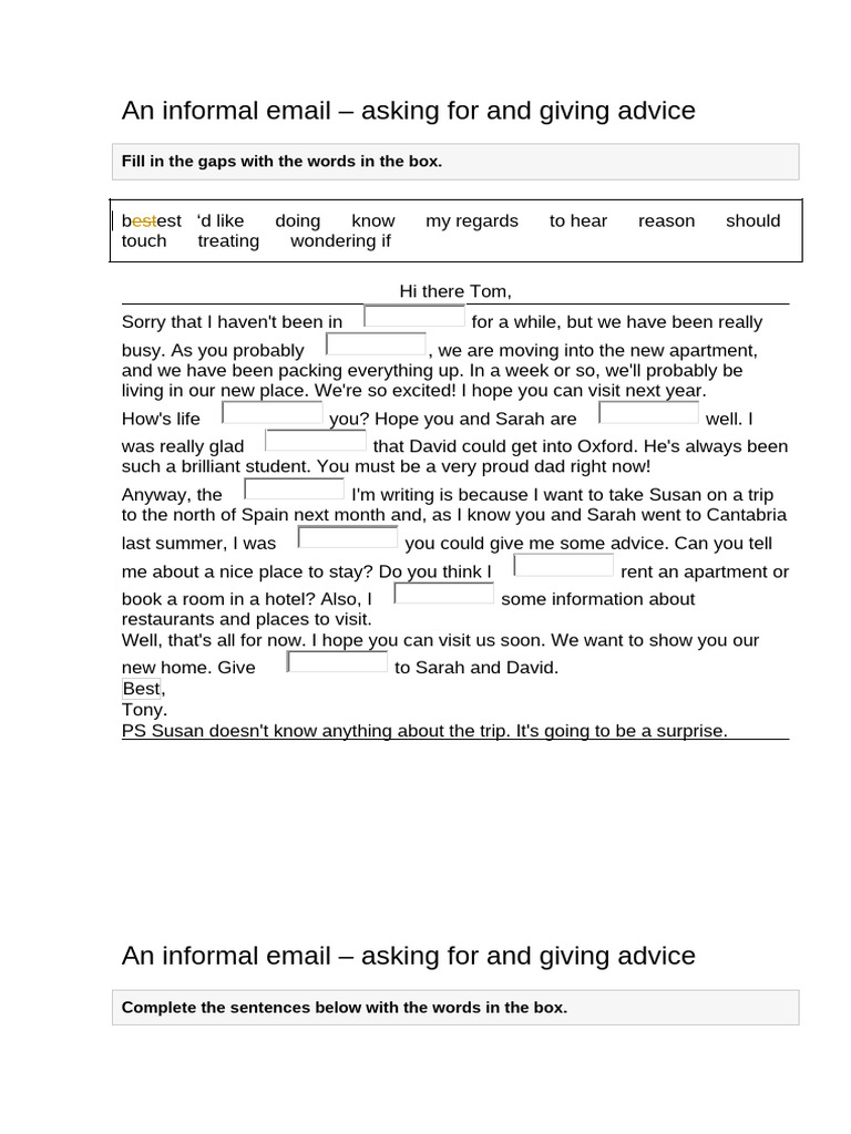 Informal Email Valanglia: WRITING AN INFORMAL EMAIL: AN EXERCISE