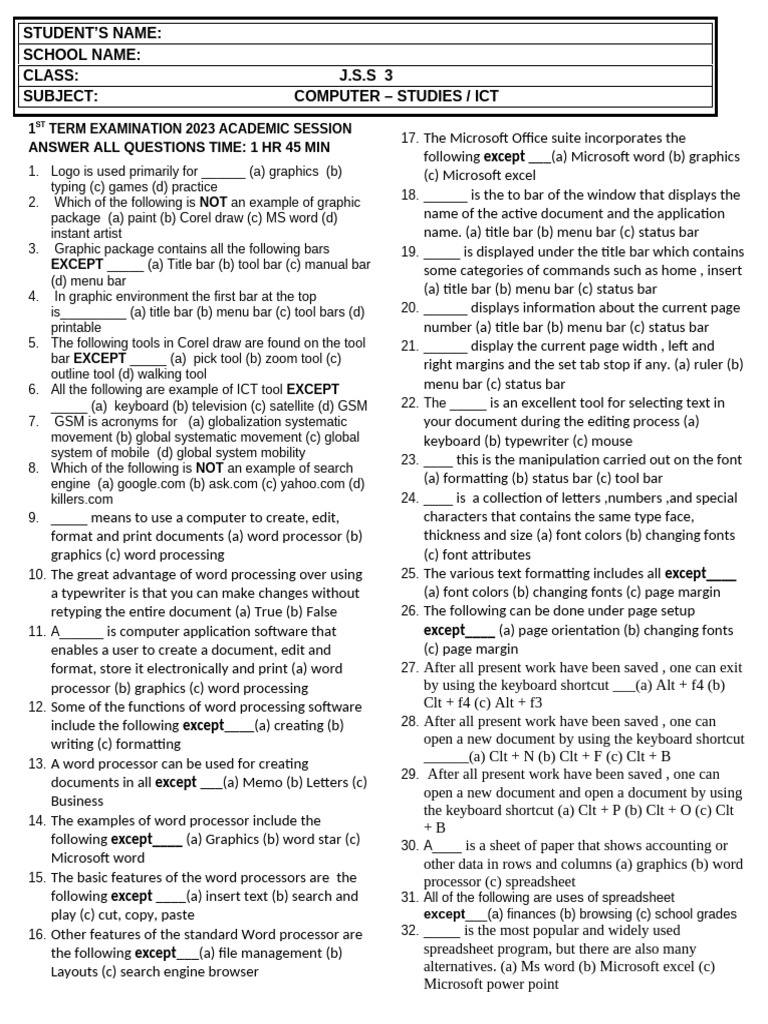 Computer Studies JSS3 First Term Exam | PDF | Databases | Window (Computing)