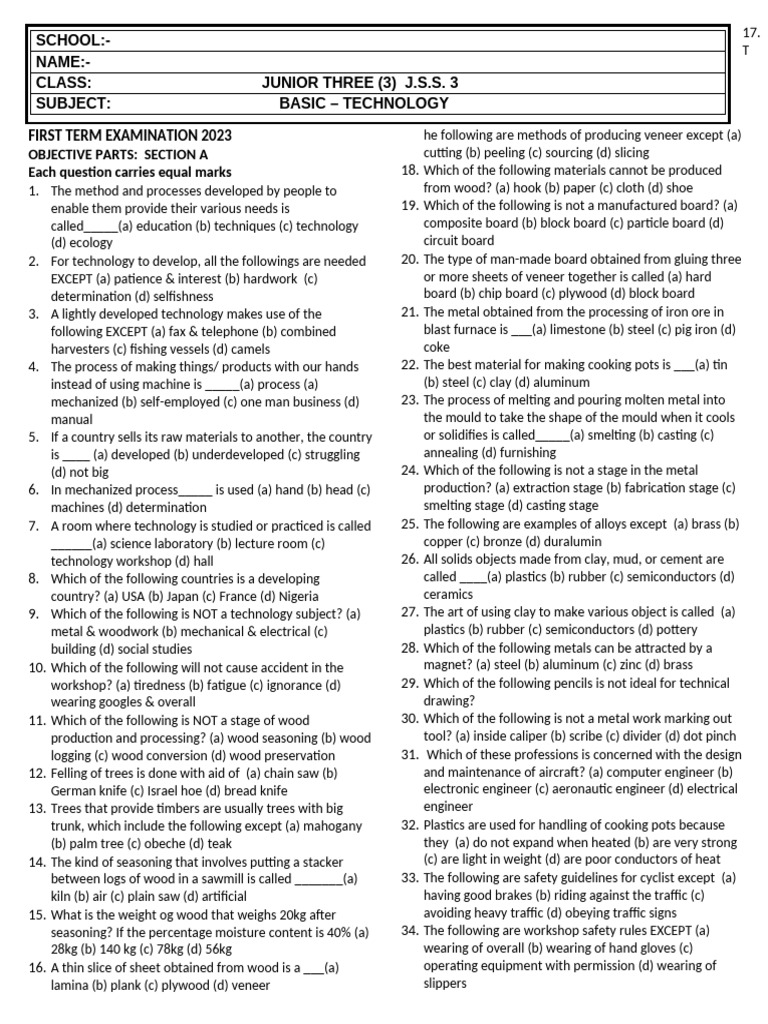Basic Tech JSS3 Exam 1ST Term | PDF | Casting | Metals