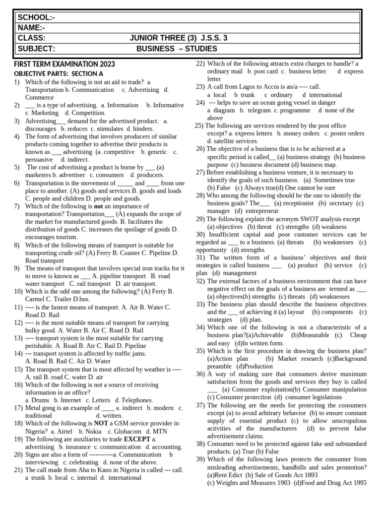 Business Studies JS3 Exam 1ST Term | PDF | Business | Economies