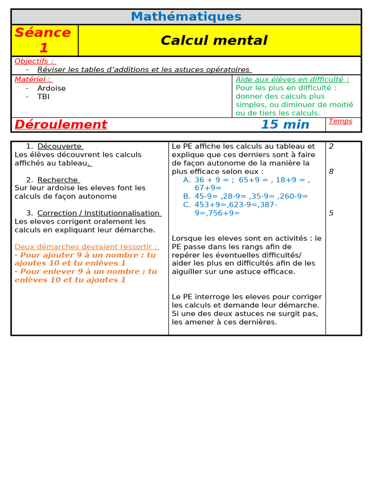 Fiche de Prep Calcul Mental 2 | PDF