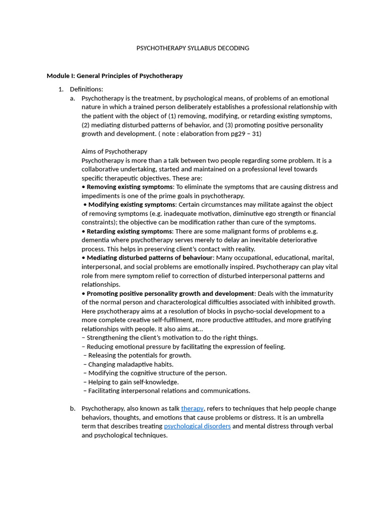 Psychotherapy Syllabus Overview | PDF | Psychotherapy | Behavioural ...