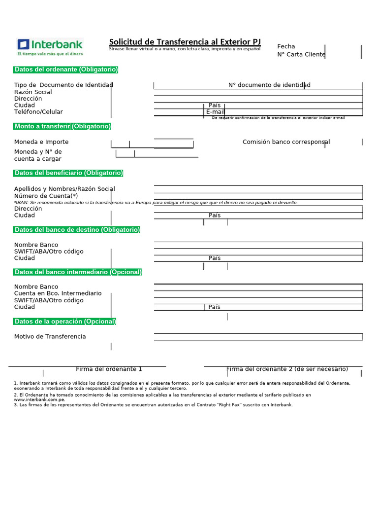 Solicitud Transferencias Al Exterior Interbank | PDF | Transferencia ...