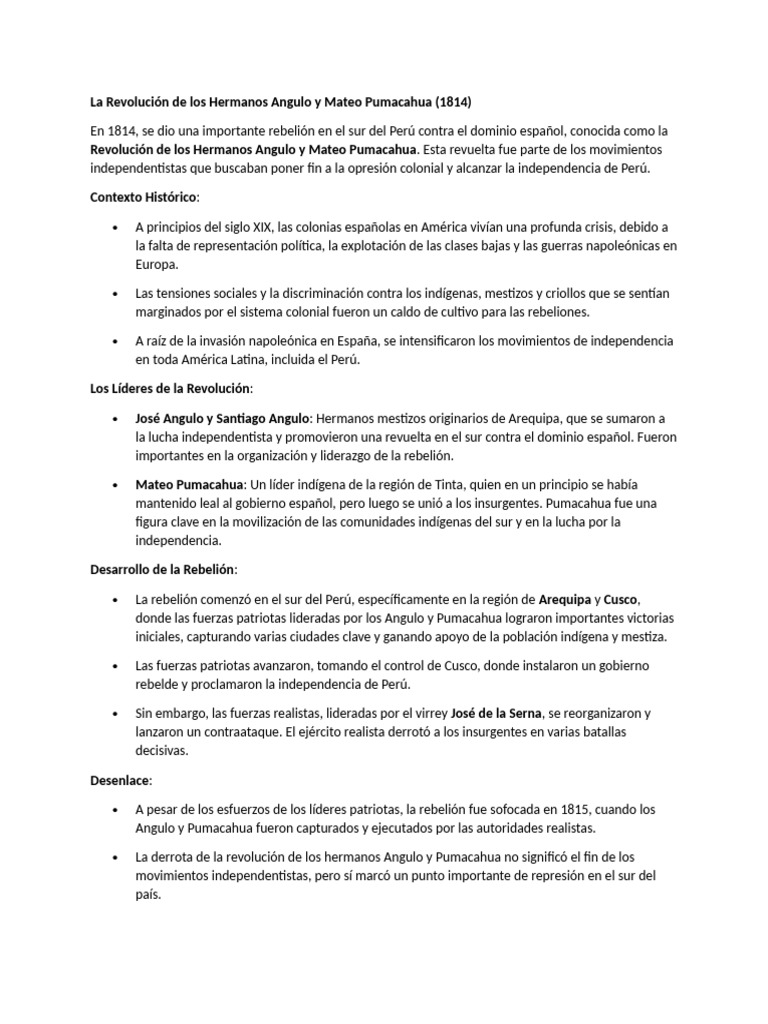 La Revolución de Los Hermanos Angulo y Mateo Pumacahua | PDF | Imperio ...