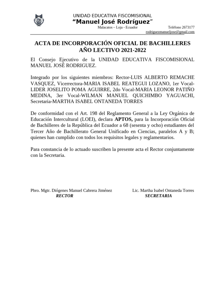 Acta de Incorporacion de Bachiller 2021-2022 | PDF