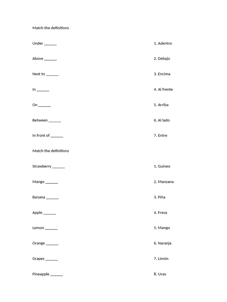 Match The Definitions Prepositions of Place and Fruits | PDF | Lifestyle