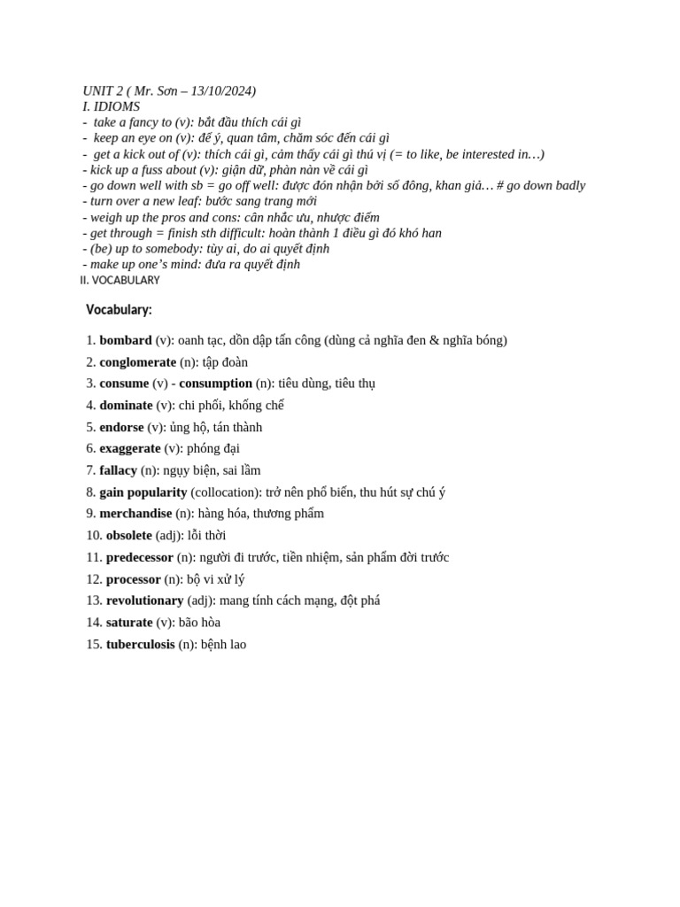 UNIT 2 (13 10 2024) Idioms and Vocab | PDF
