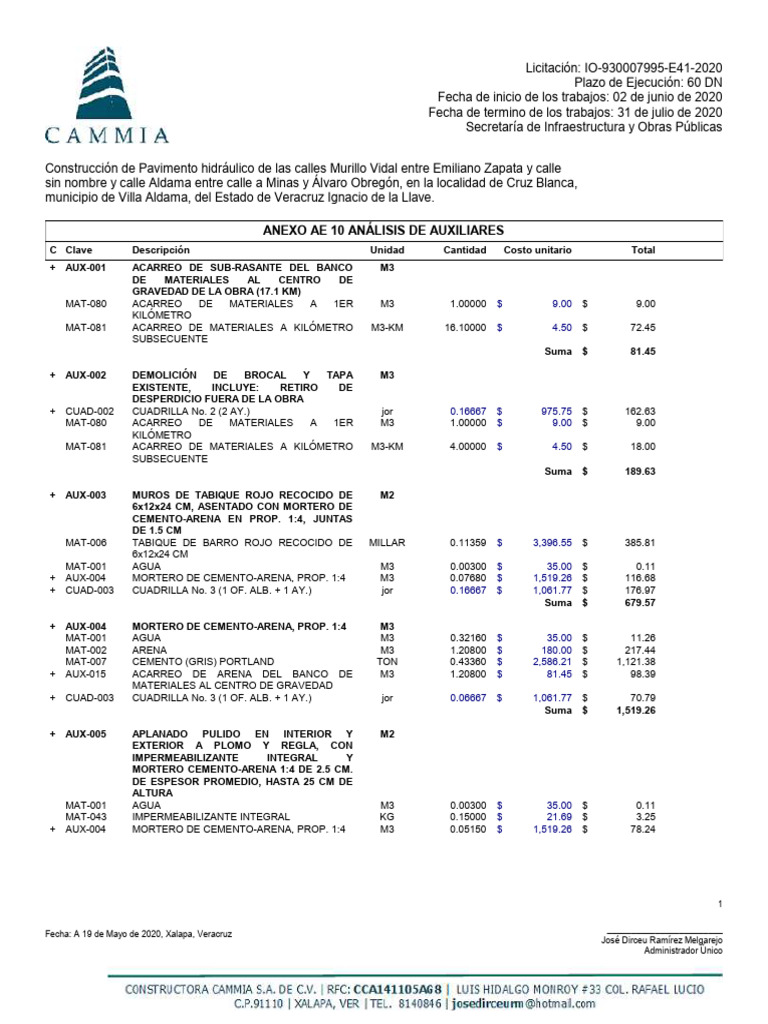 Anexo Ae 10 Análisis de Auxiliares | PDF | Mortero (Albañilería) | Unión