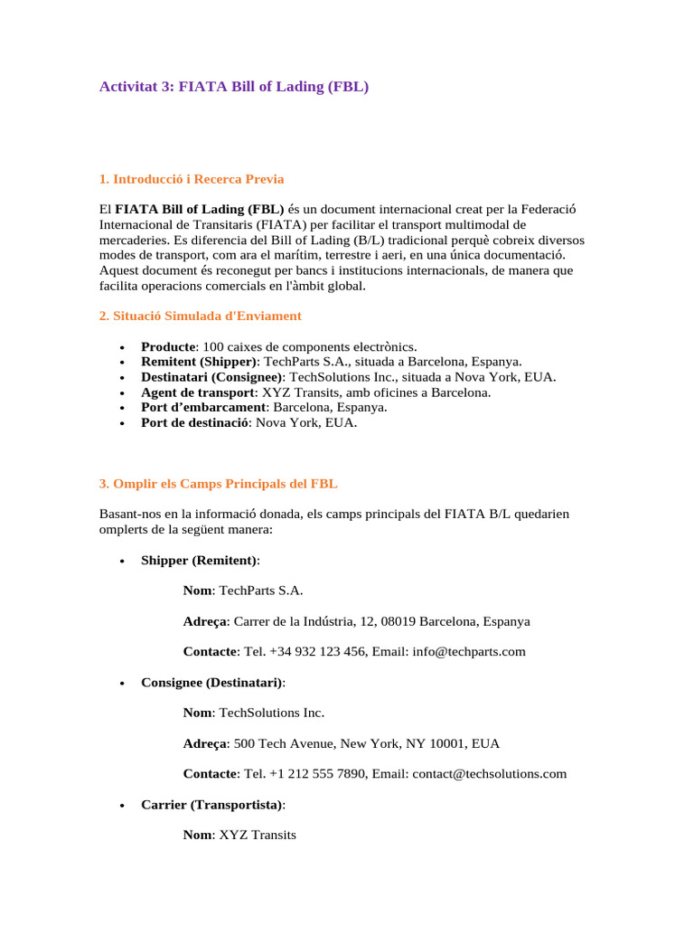 Activitat 3 FIATA Bill of Lading (FBL) | PDF
